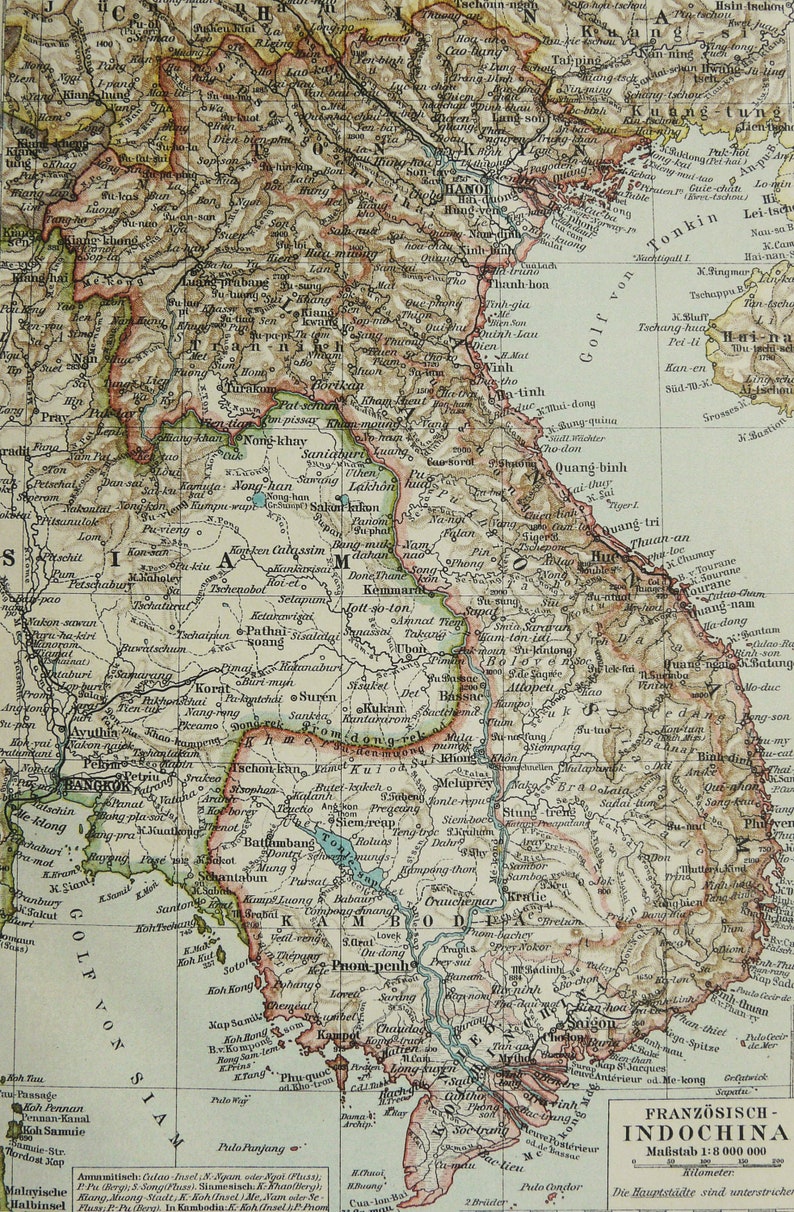 1897 Antique Map of FRENCH INDOCHINA. VIETNAM. Cambodia. Laos. 128 ...