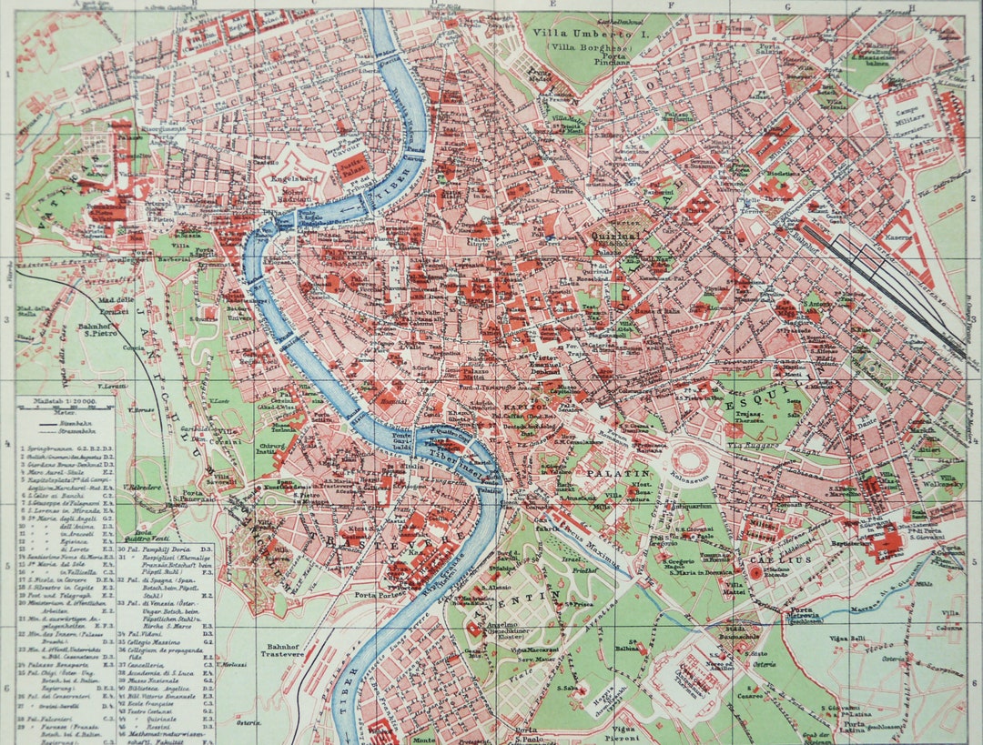 1895 Antique City Map of ROME. ITALIA. 129 Years Old Town Map. - Etsy