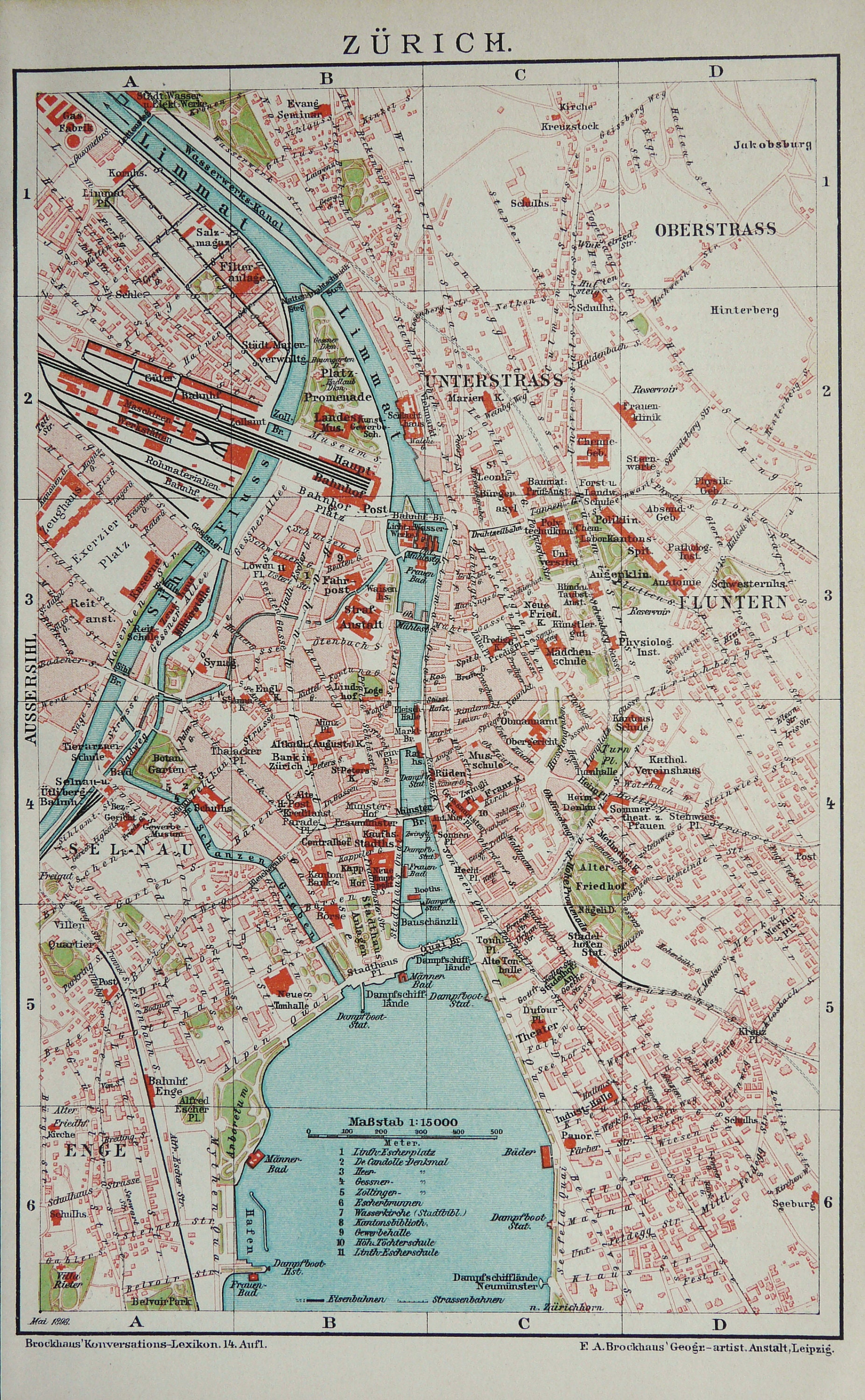 1895 Antique City Map of ZÜRICH, SWITZERLAND. 128 Years Old Town Map ...
