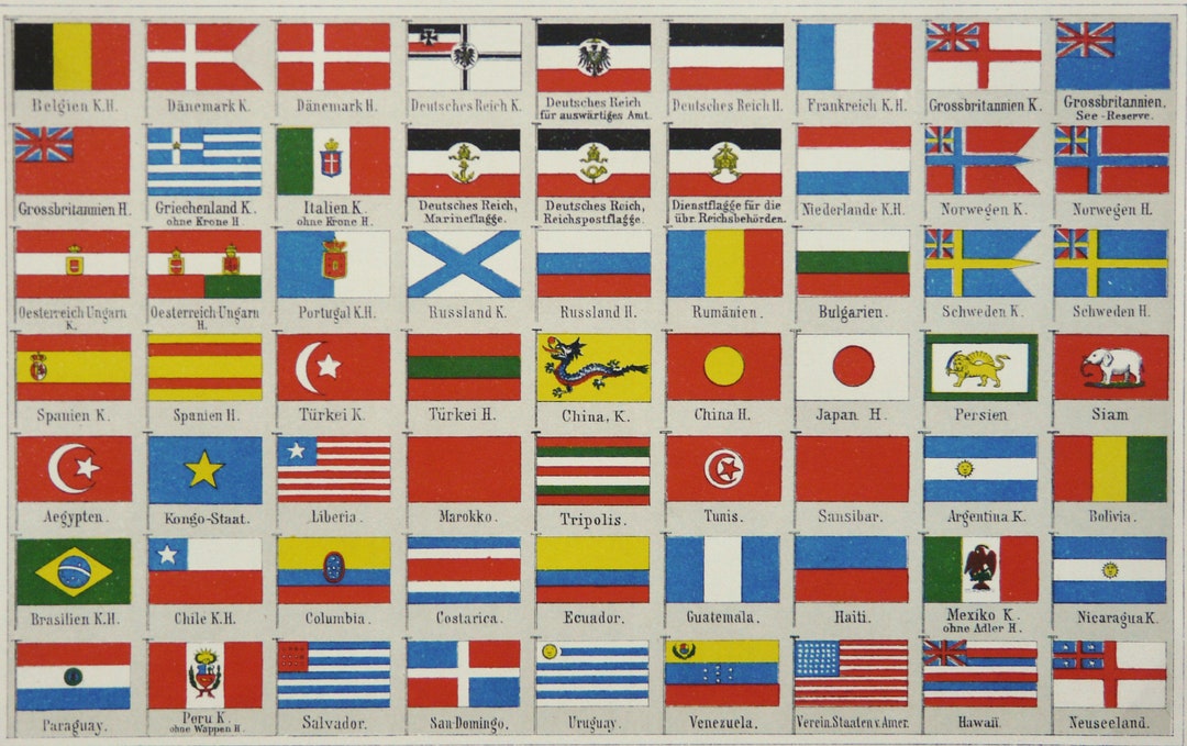 1895 Antique Lithograph of FLAGS of THE WORLD. Countries of the World ...