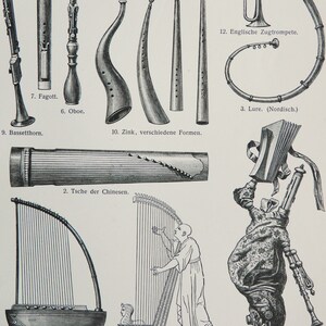 1897 Antique Print of ANCIENT MUSICAL INSTRUMENTS, Different Types ...