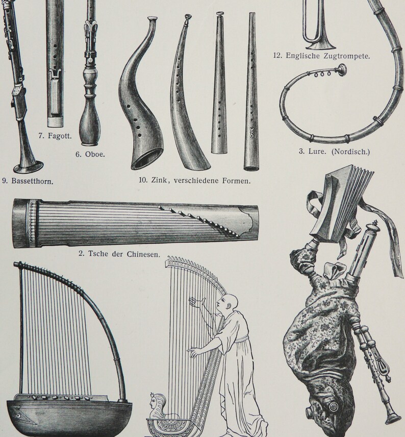 1897 Antique Print of ANCIENT MUSICAL INSTRUMENTS, Different Types ...