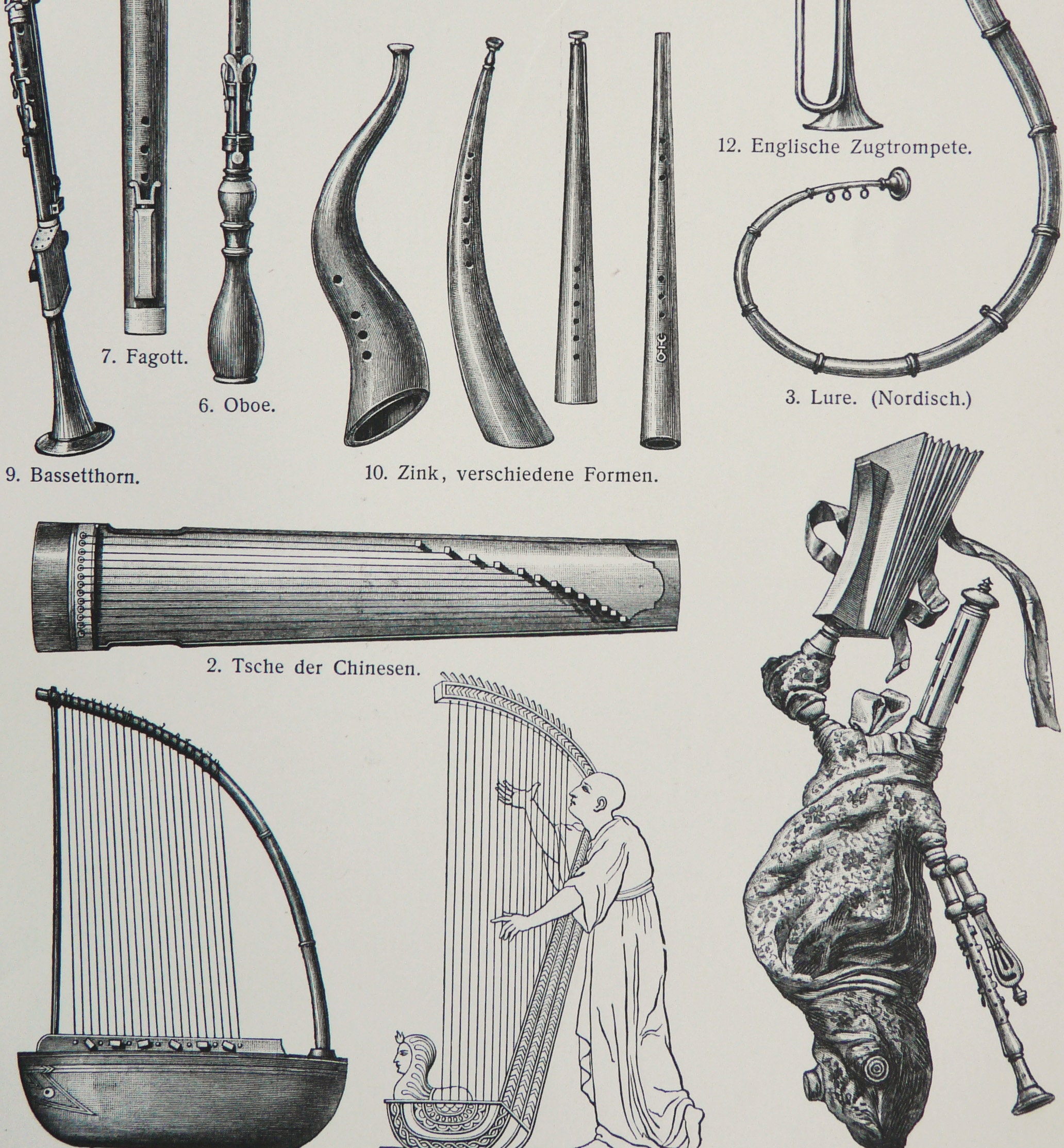 1897 Antique Print of ANCIENT MUSICAL INSTRUMENTS, Different Types ...