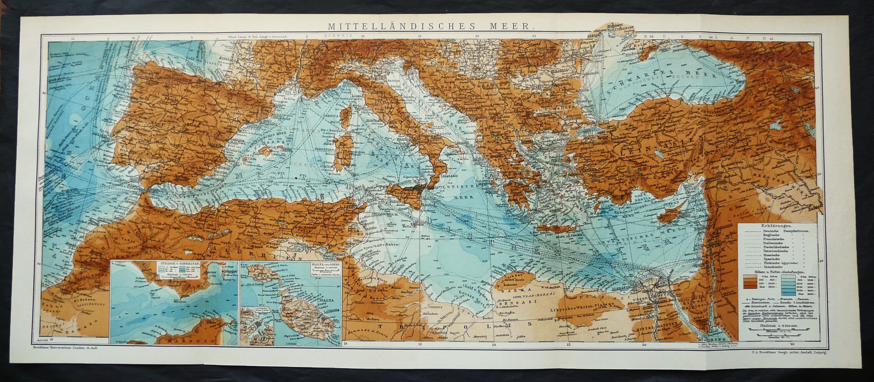 1895 Antique Large Map of THE MEDITERRANEAN SEA With Shipping Routes ...