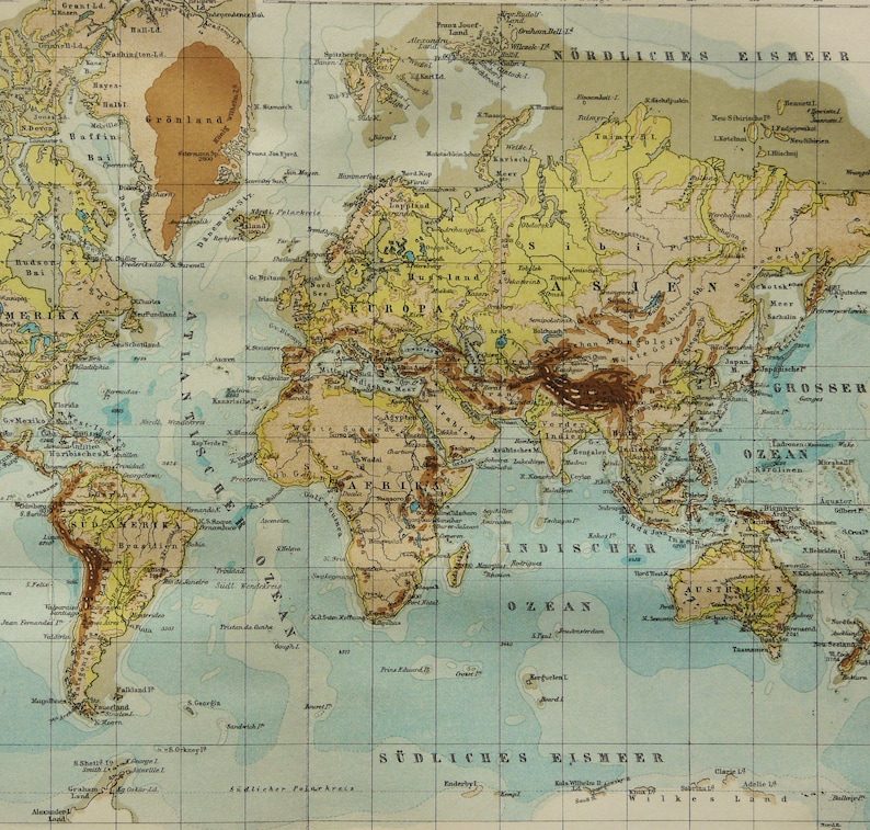 1897 Antique Physical WORLD MAP Oceans Rivers and Mountains. - Etsy