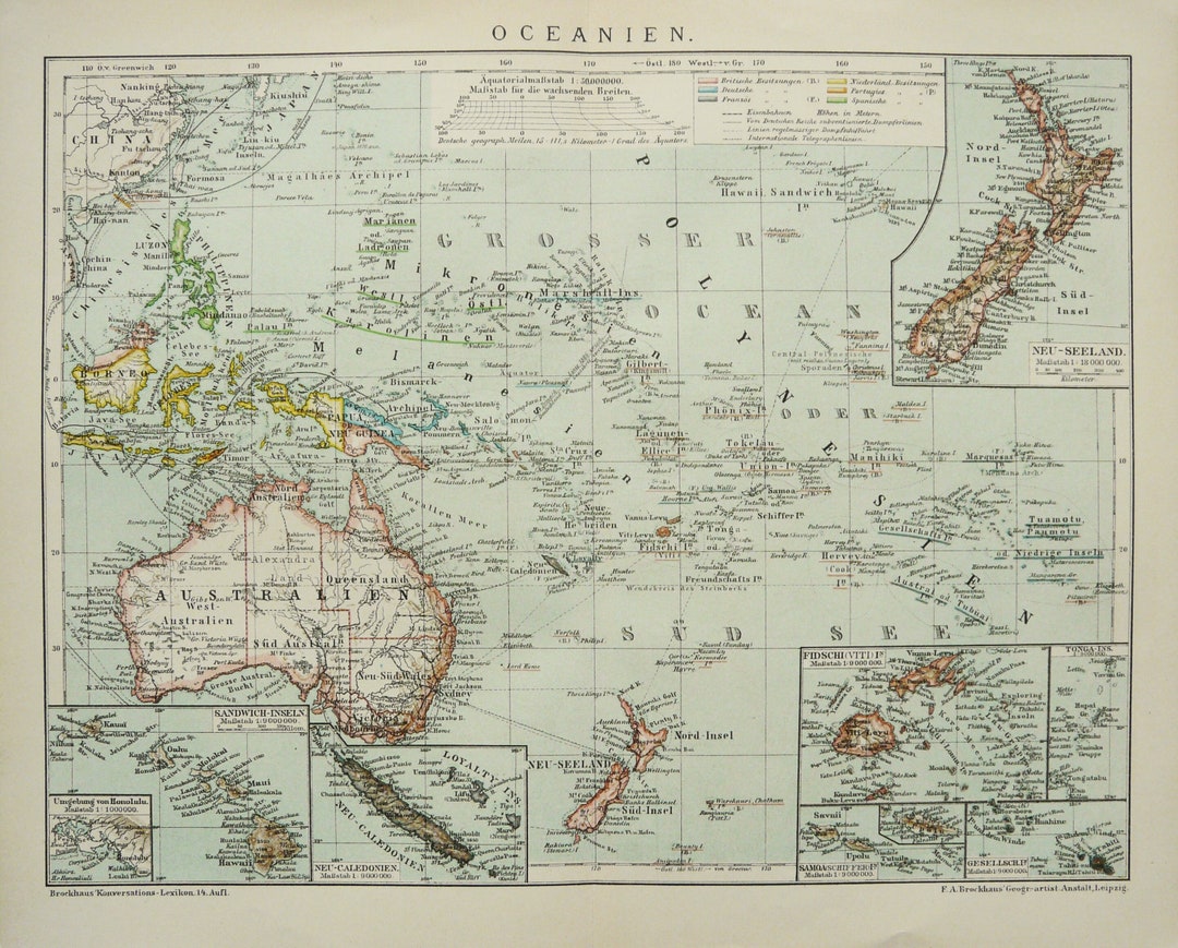 1895 Antique Map of OCEANIA. PACIFIC OCEAN. Polynesia. Melanesia ...