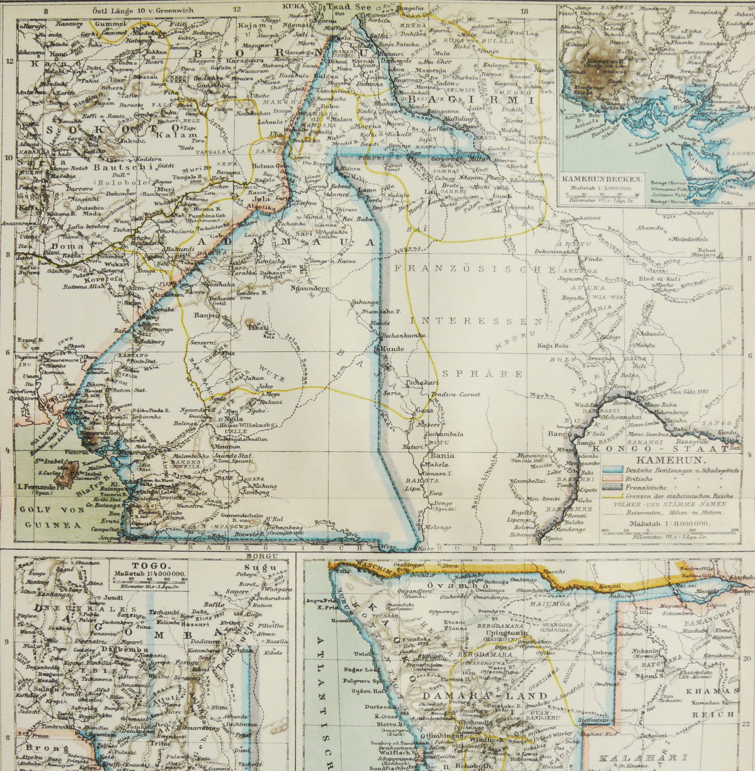 1895 Antique Map of GERMAN COLONIES in AFRICA. German Empire. Germany ...