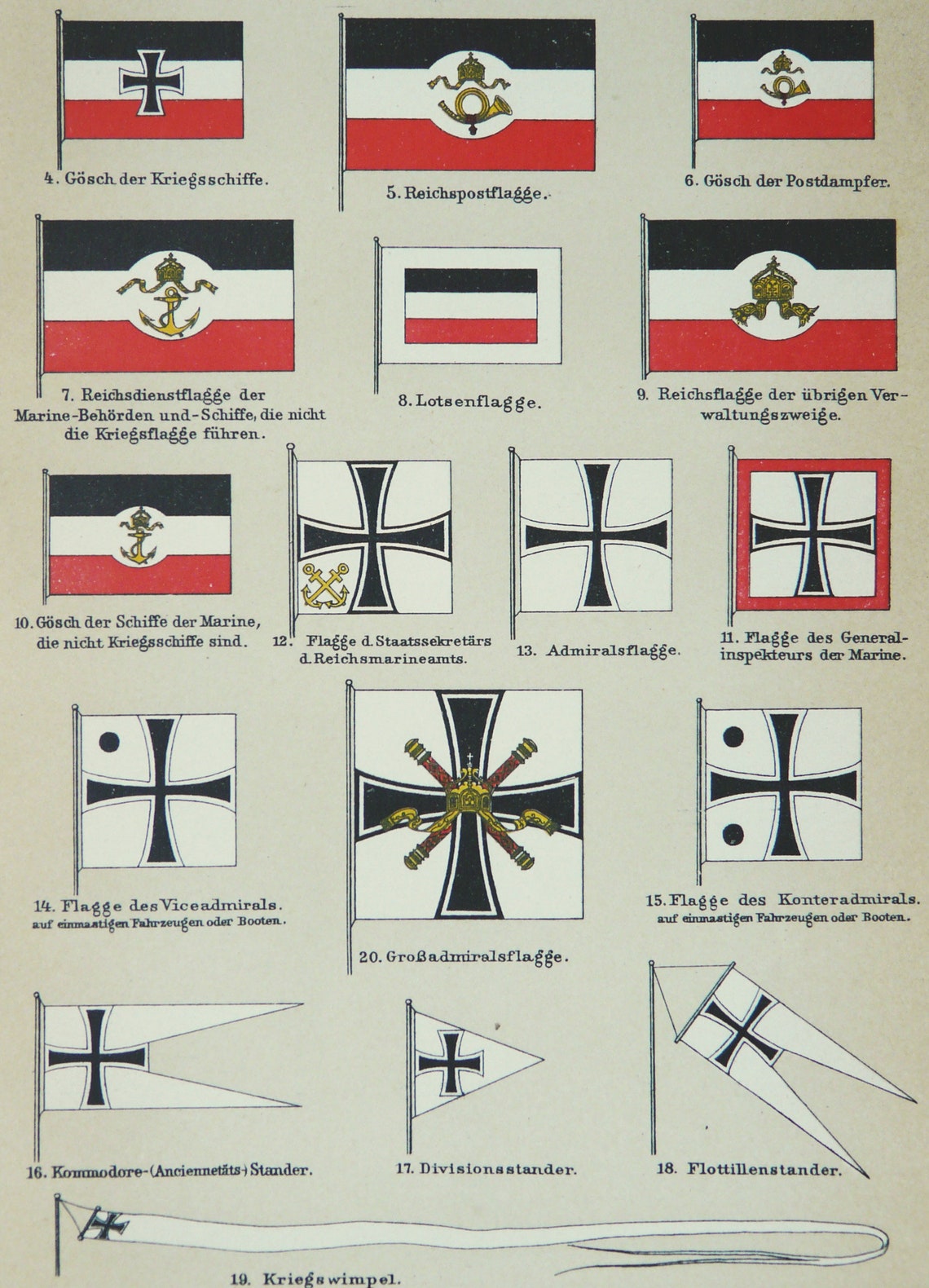 1895 Antique Lithograph of GERMAN HISTORIC FLAGS. Flags of German ...