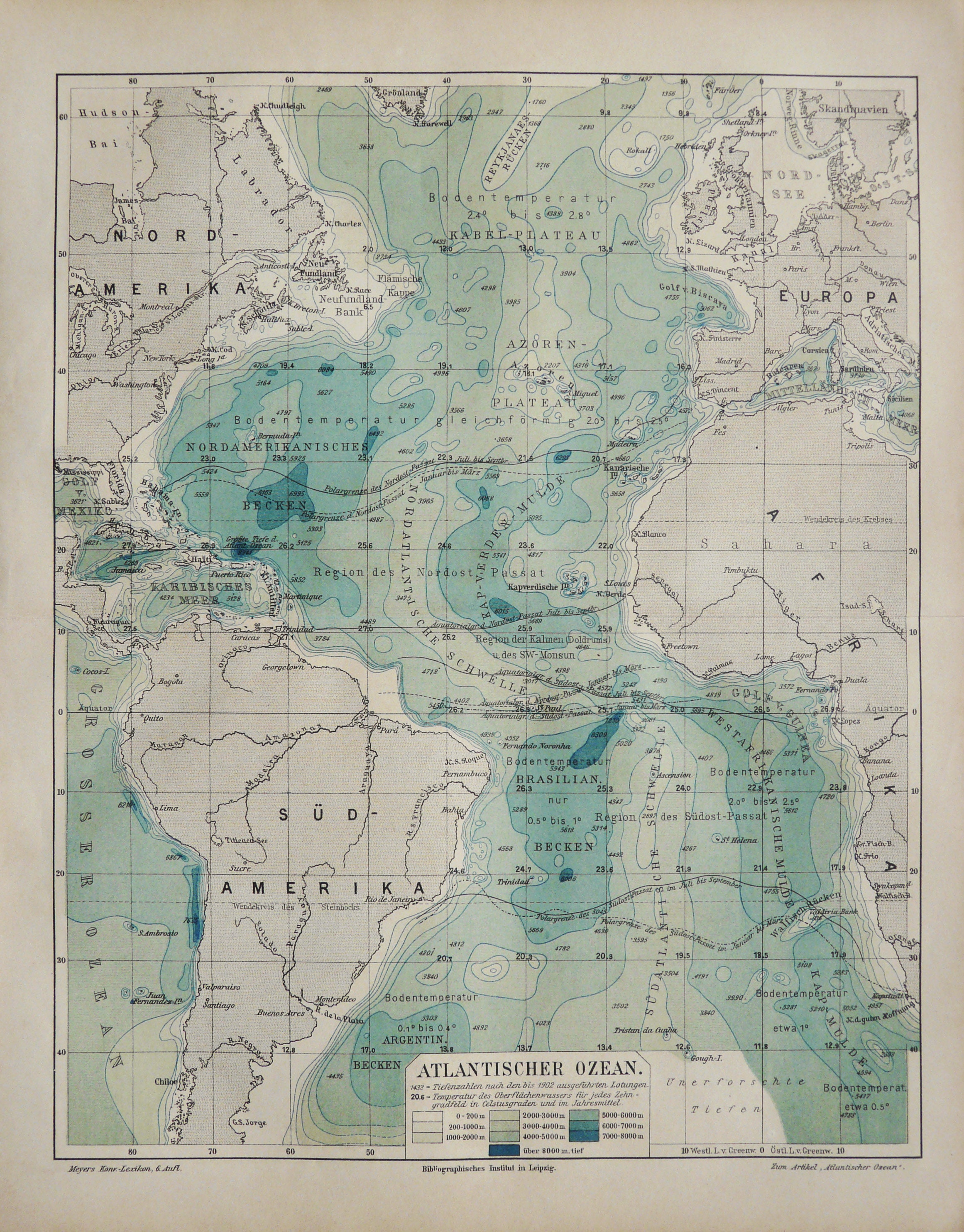 1897 Antique map of THE ATLANTIC OCEAN. Navigation. 126 years old chart ...
