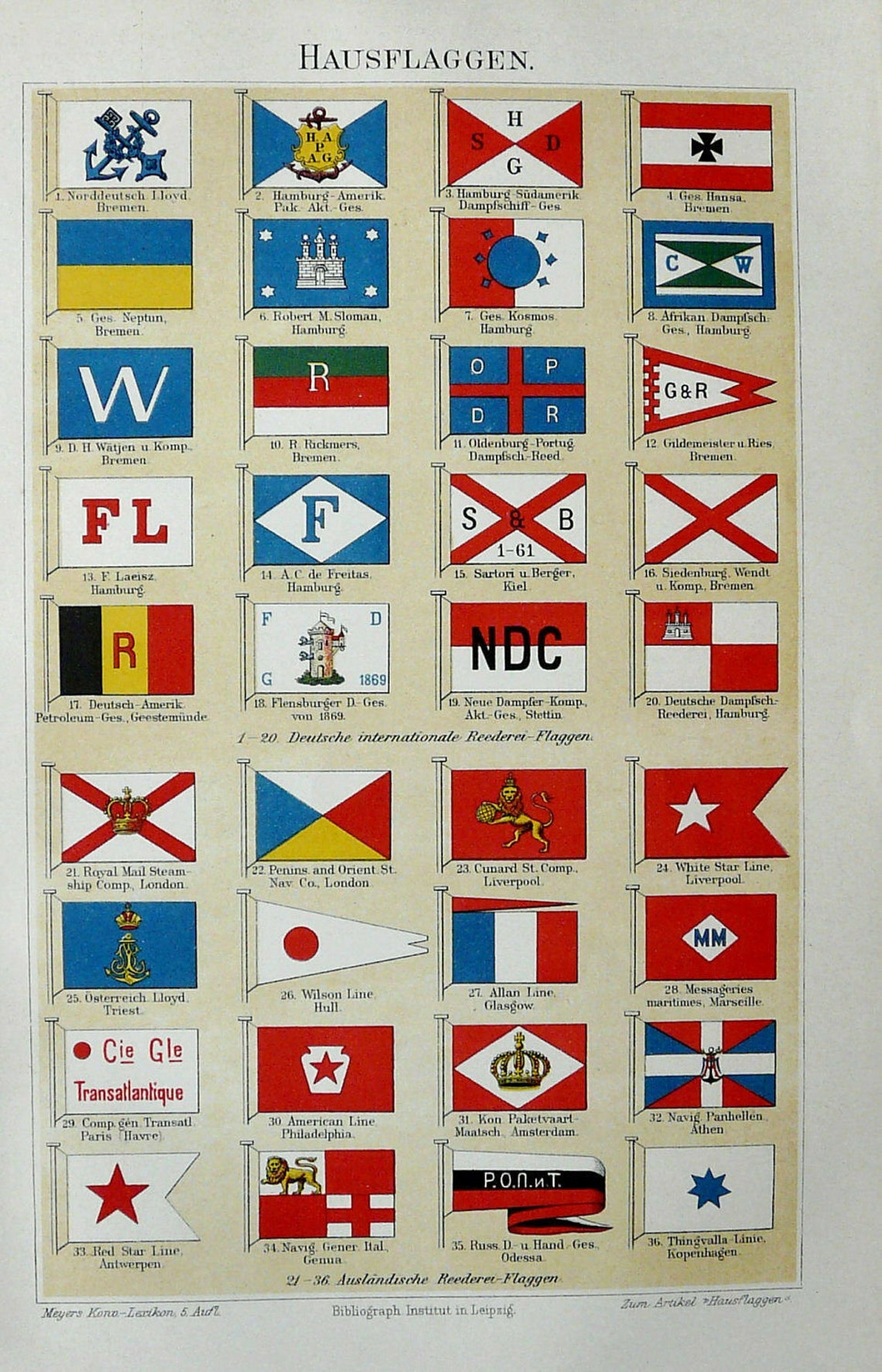 1897 Antique Lithograph of SHIPPING COMPANY FLAGS. Navigation. Naval ...