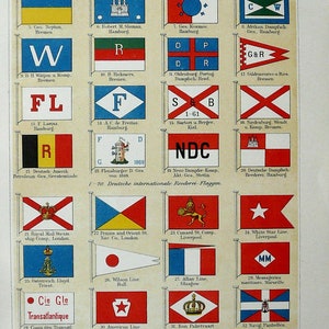 1897 Antique Lithograph of SHIPPING COMPANY FLAGS. Navigation. Naval ...