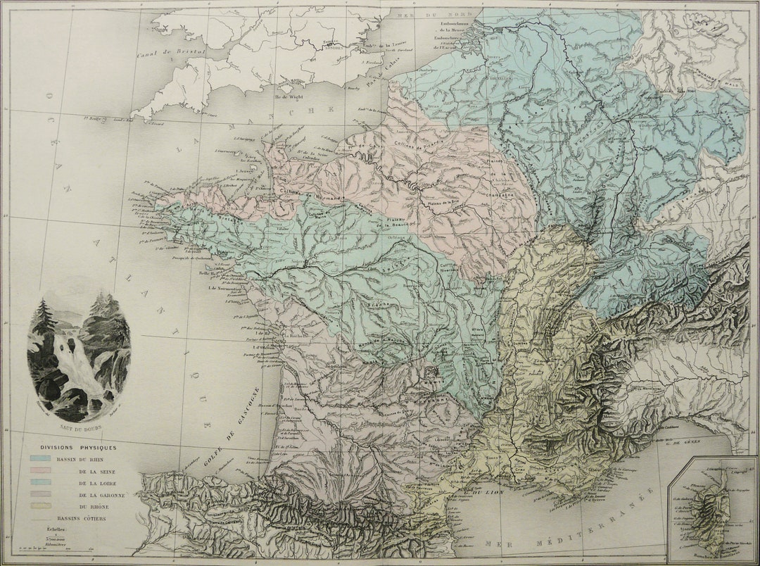 1892 Antique Physical Map of FRANCE, Rivers, Mountains... Vintage ...