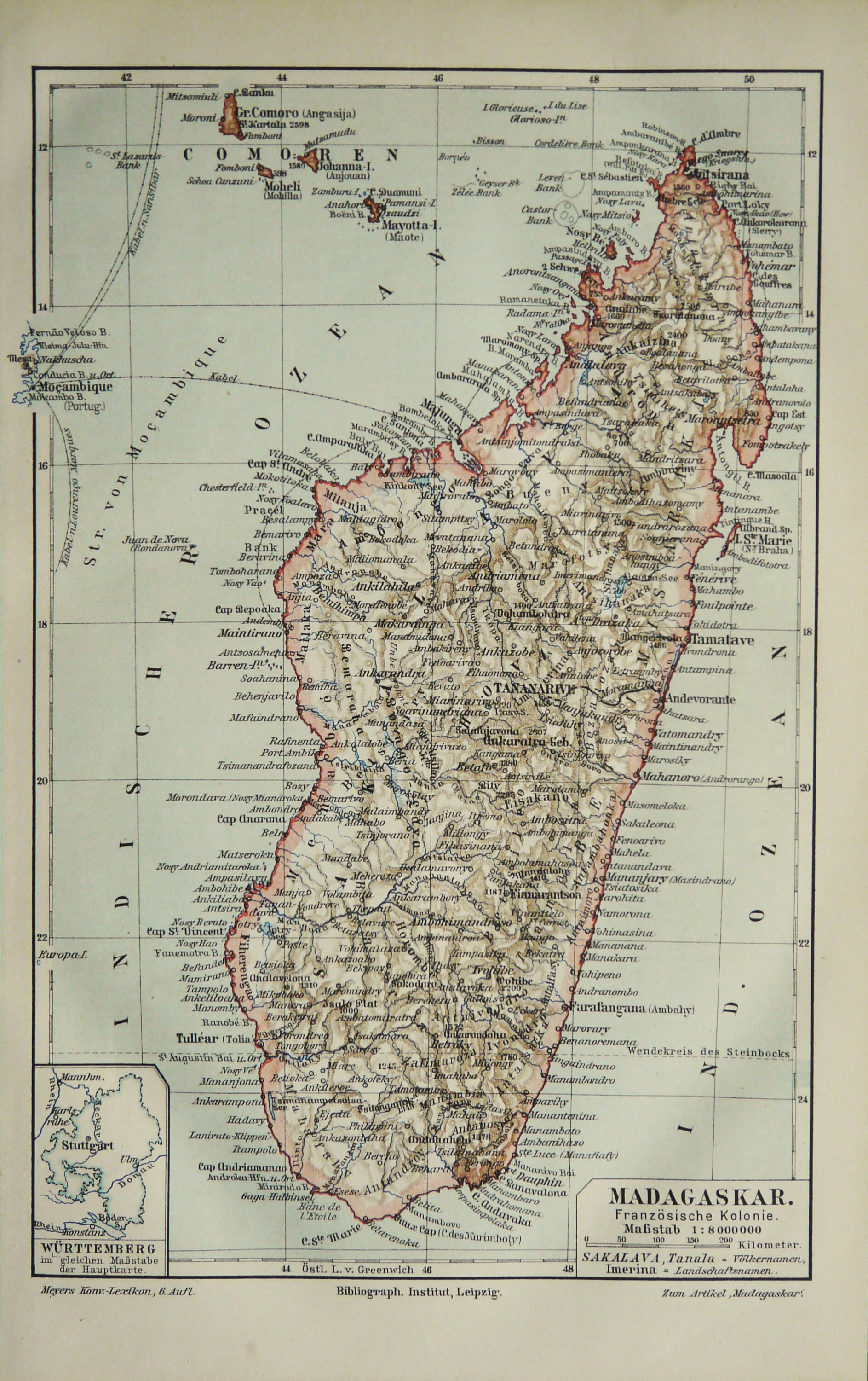 1897 Antique Map of MADAGASCAR, AFRICA. Indian Ocean. 126 Years Old ...