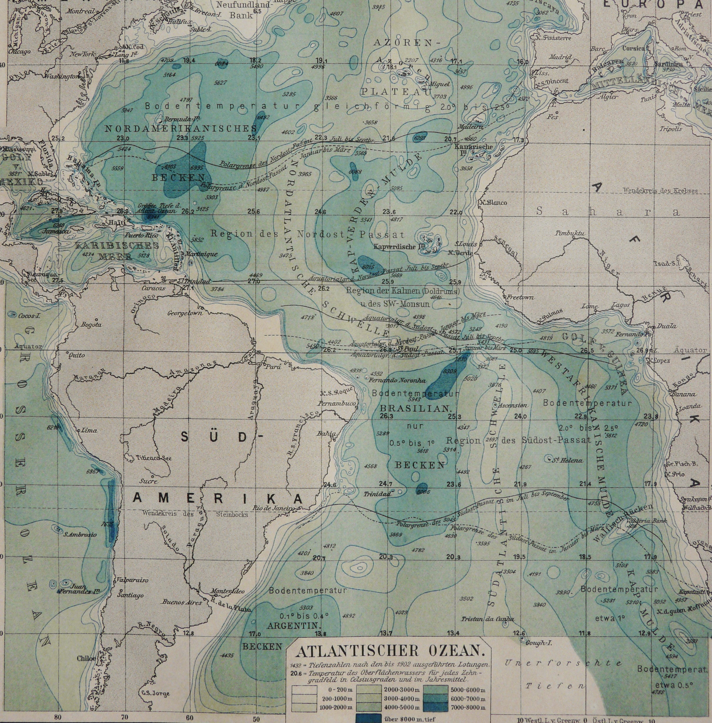 1897 Antique map of THE ATLANTIC OCEAN. Navigation. 126 years old chart ...