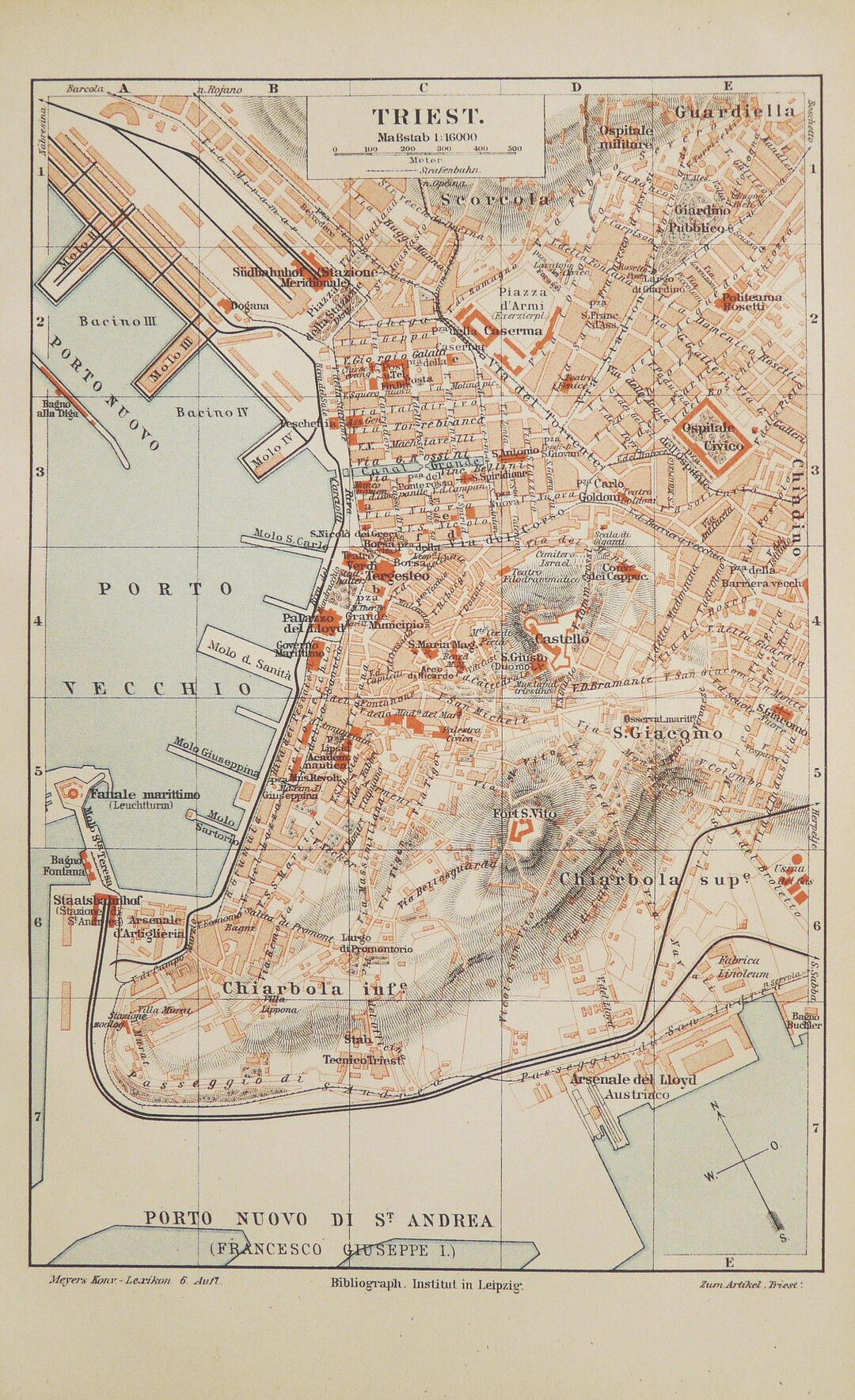 1897 Antique City Map of TRIESTE, ITALY. Austro Hungarian Empire ...