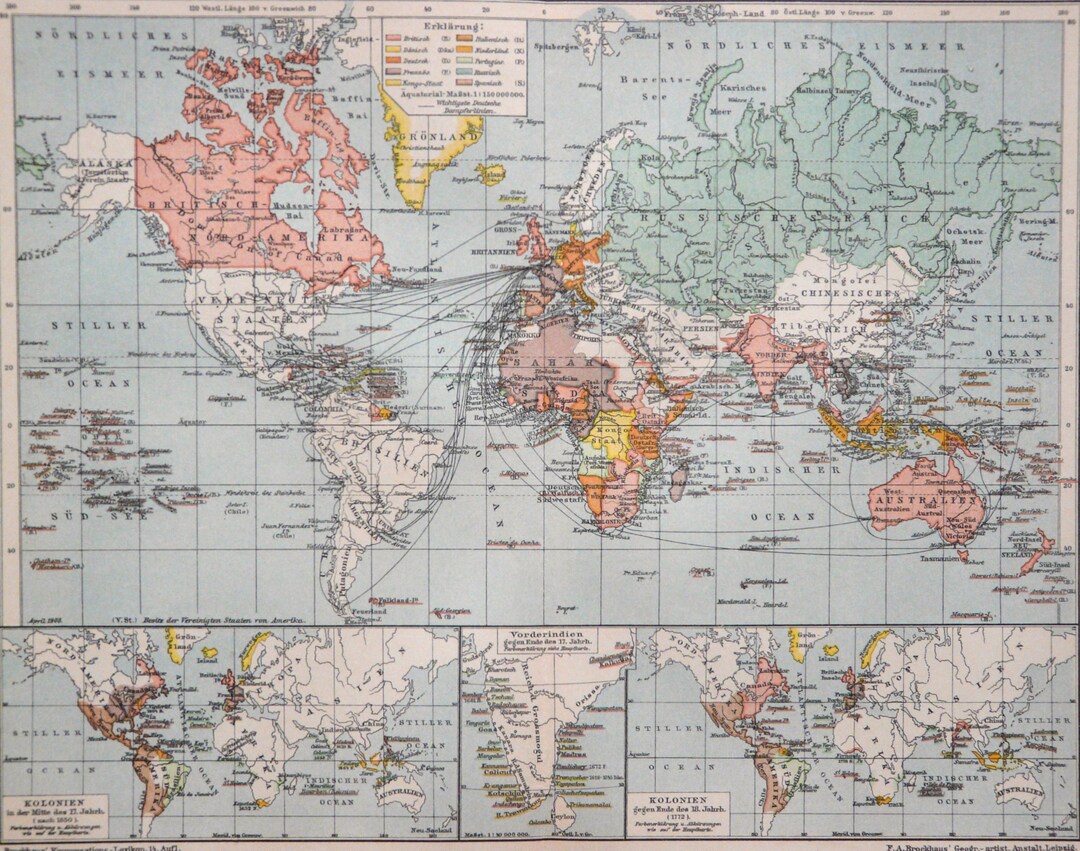 1908 Antique World Map of EUROPEAN COUNTRIES COLONIES in Victorian Era ...