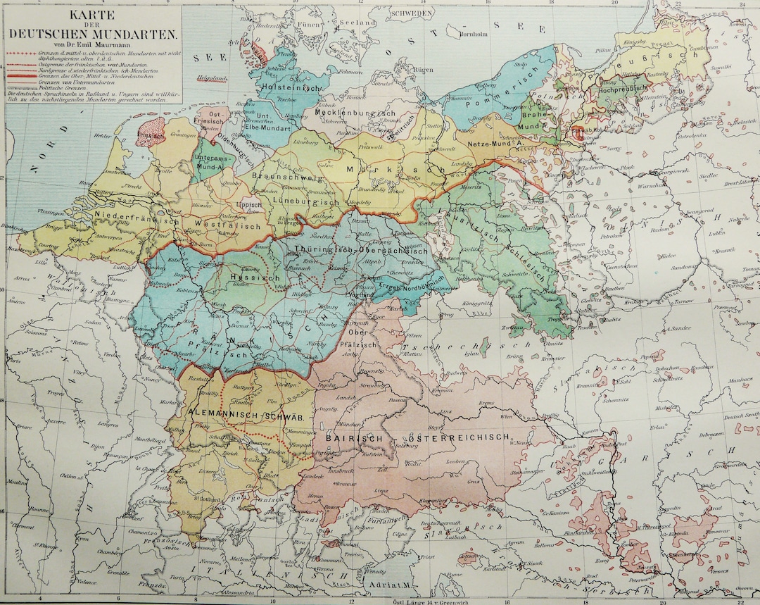 1895 Antique Map of GERMAN SPEAKING REGIONS. German Dialects. - Etsy