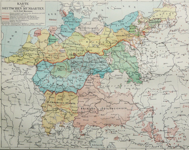 1895 Antique Map of GERMAN SPEAKING REGIONS. German Dialects. - Etsy