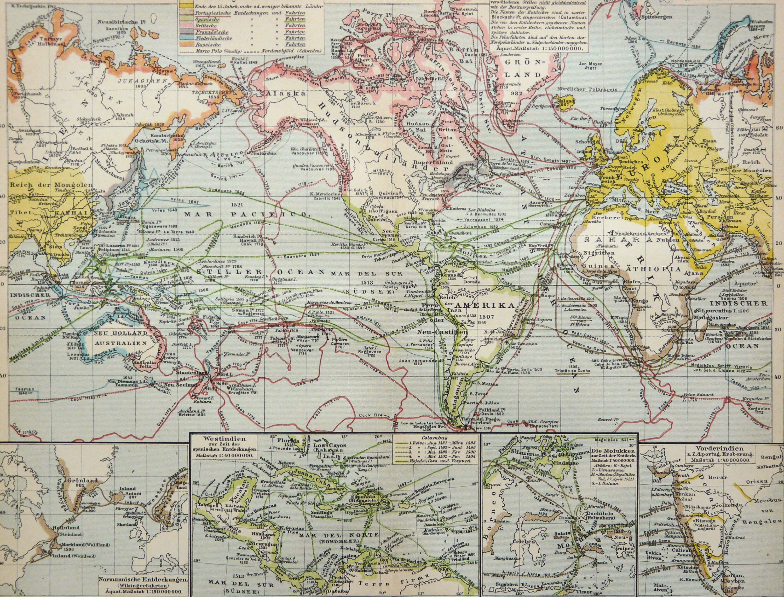 1895 Antique WORLD MAP With the Main Travels of the Age of Discoveries ...