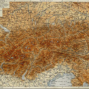 1910 Antique Map of THE ALPS. Physical Map of Mountains, Rivers ...
