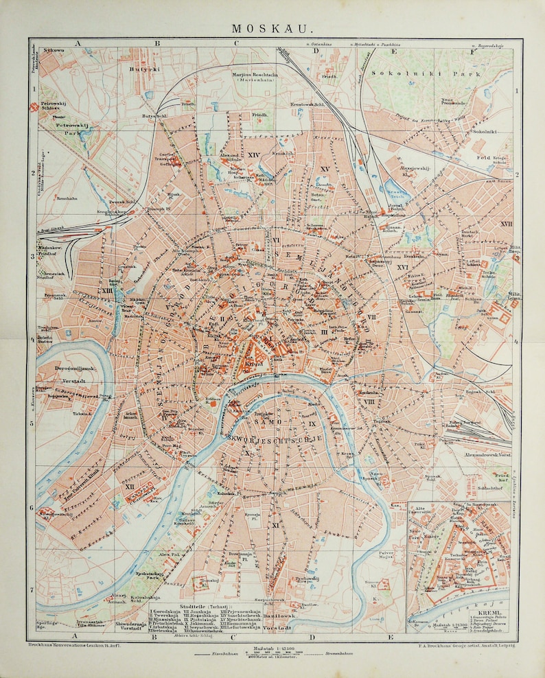 1895 Antique City Map of MOSCOW, RUSSIA. 129 Years Old Town Map - Etsy