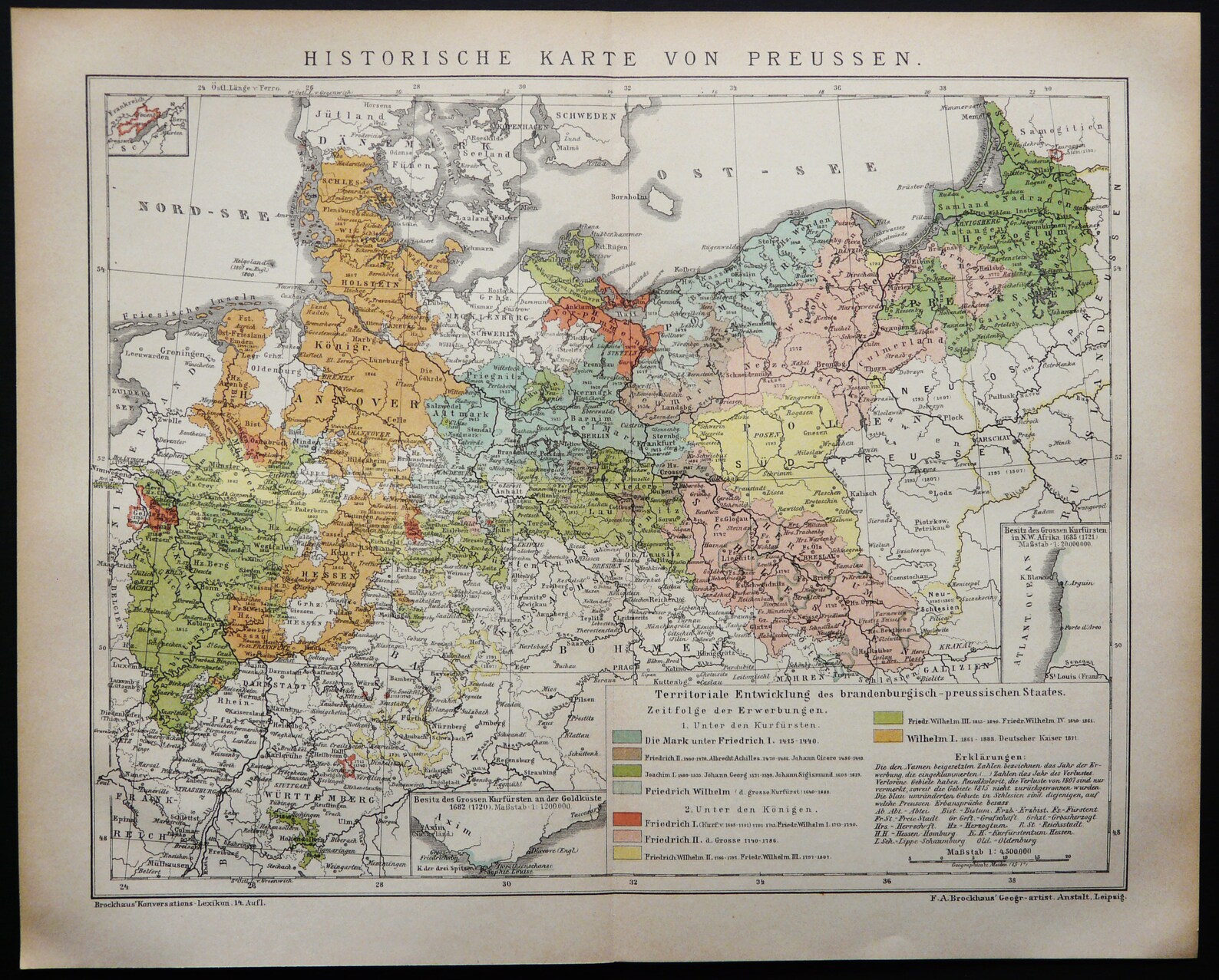 1895 Antique Historical Map of PRUSSIA. GERMAN EMPIRE. Germany. 130 ...