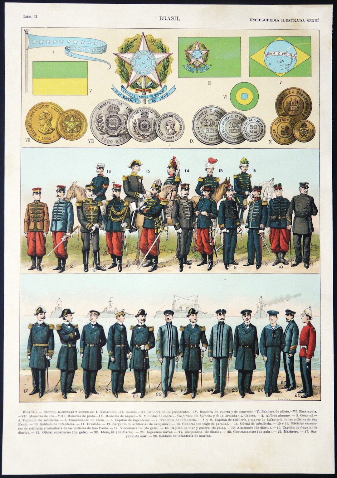 1900 Antique Lithograph of BRAZIL, Flags, Army and Navy Uniforms ...