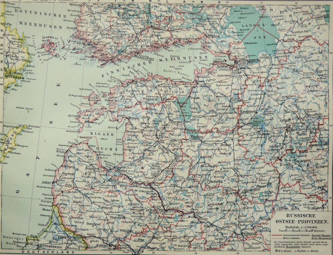 1897 Antique Map of THE BALTIC STATES: Estonia, Latvia, Lithuania ...