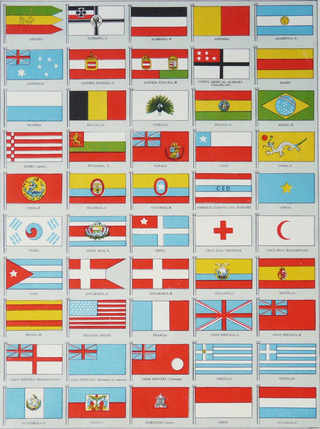 1900 Antique Lithograph of FLAGS of THE WORLD. Countries of the World ...