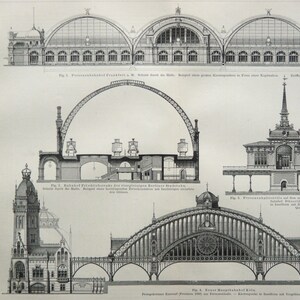 1897 Antique Print of ARCHITECTURE, METAL CONSTRUCTIONS. German Train ...