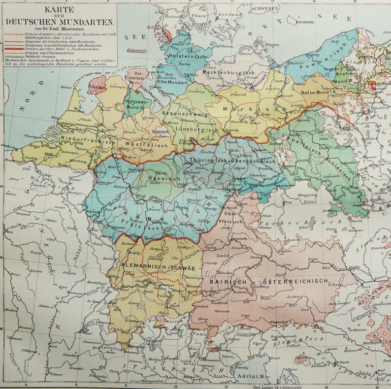 1895 Antique Map of GERMAN SPEAKING REGIONS. German Dialects. - Etsy
