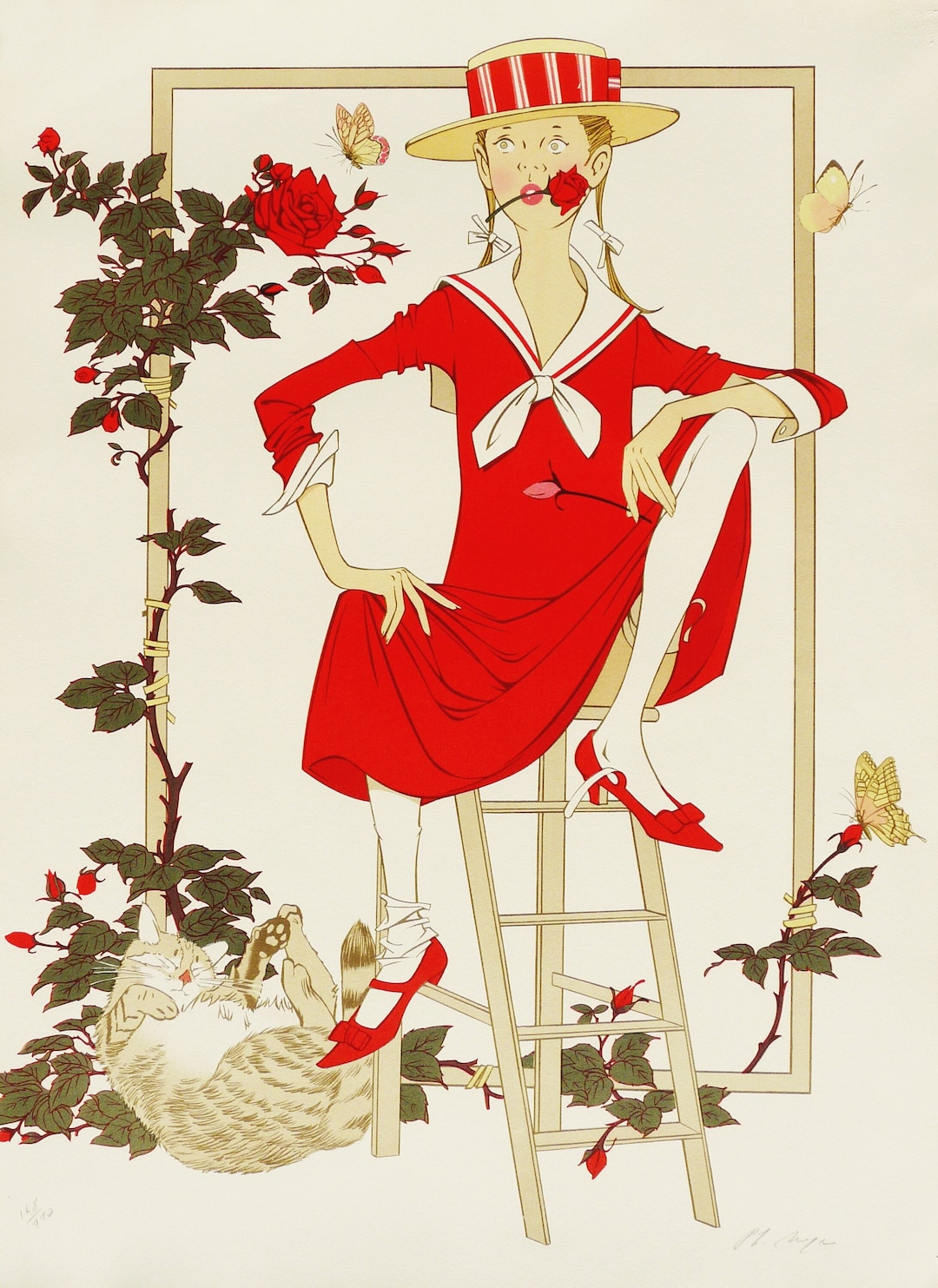 PHILIPPE NOYER, Girl With Cat. Original Color Lithograph. Signed in ...