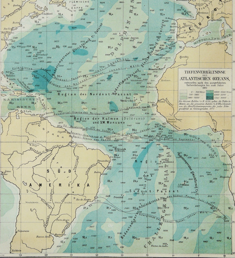 1897 Antique Map of THE ATLANTIC OCEAN. Navigation. 127 Years Old Chart ...