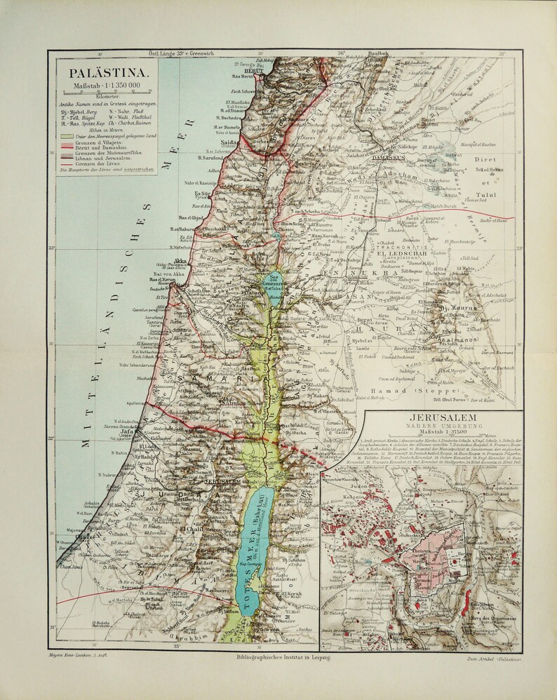 1897 Antique Map of PALESTINE. ISRAEL. Holy Land. Jerusalem. 129 Years ...