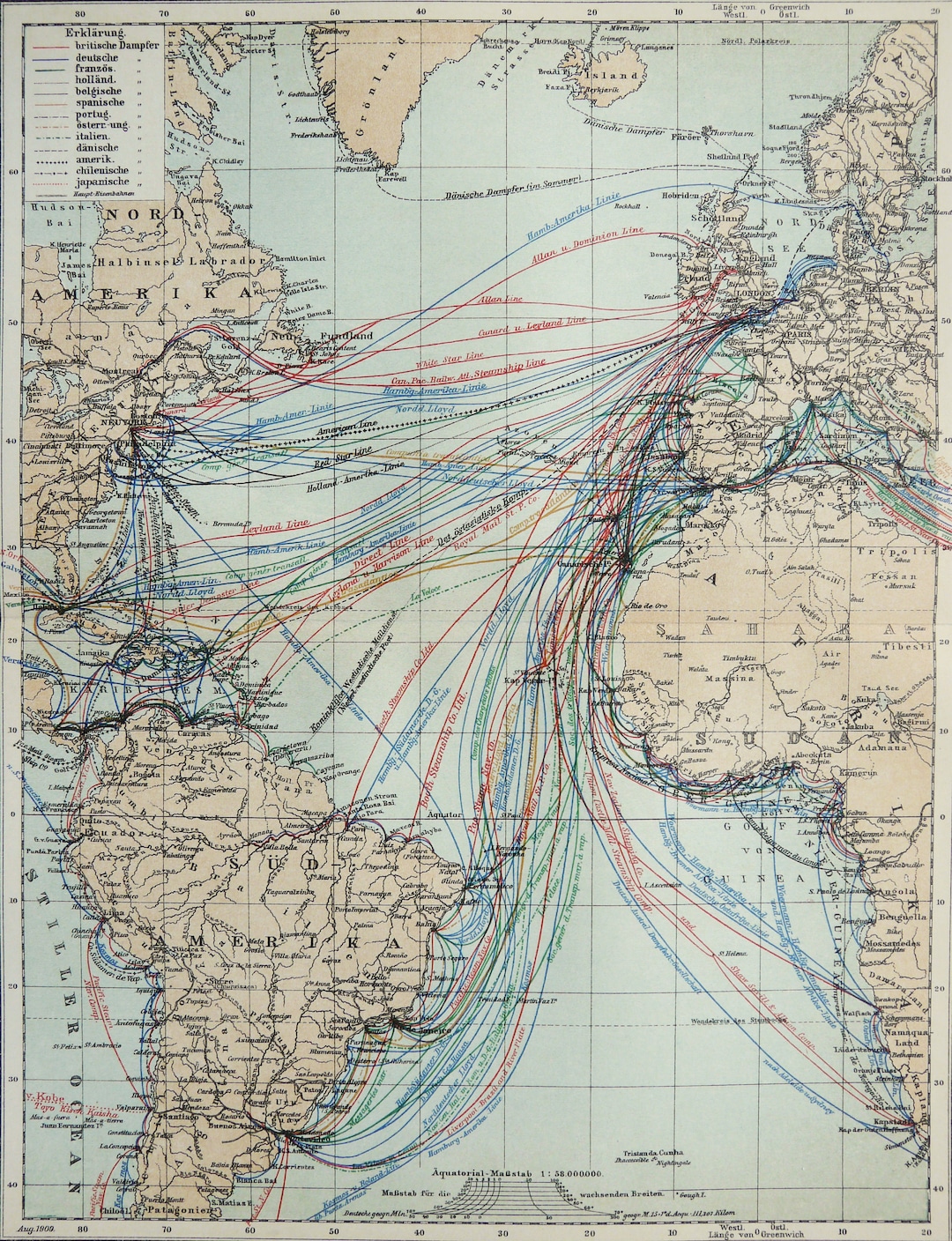 1895 Antique Map of SHIPPING ROUTES. Atlantic Ocean. Navigation ...