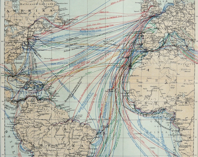 1895 Antique Map of SHIPPING ROUTES. Atlantic Ocean. Navigation ...