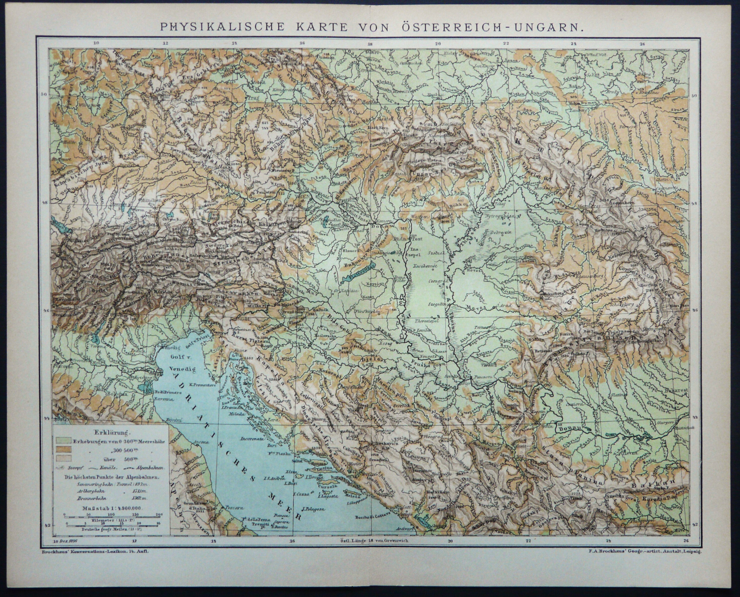 1896 Antique Physical Map of AUSTRIA HUNGARY. Austro Hungarian Empire ...