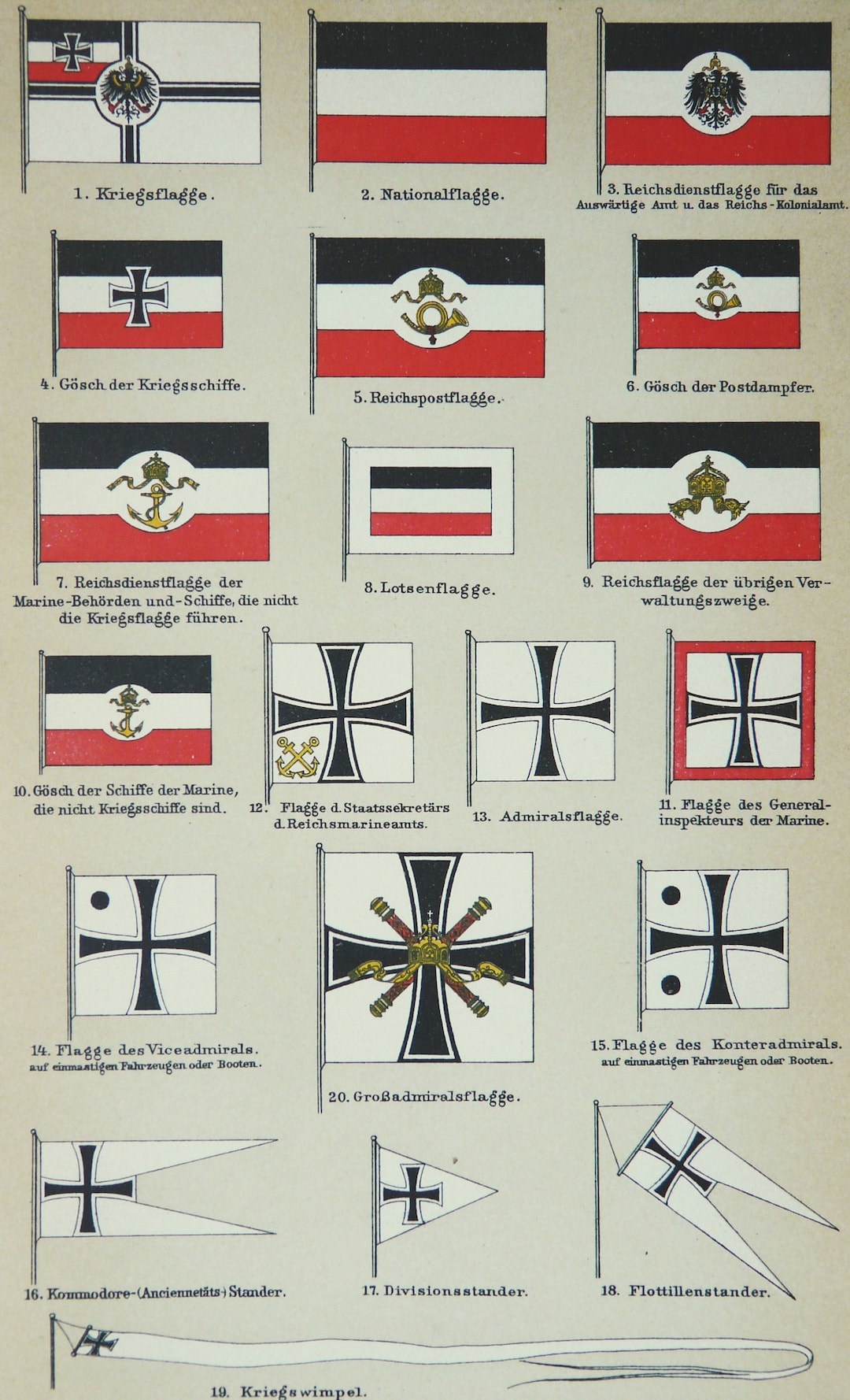 1895 Antique Lithograph of GERMAN HISTORIC FLAGS. Flags of German ...