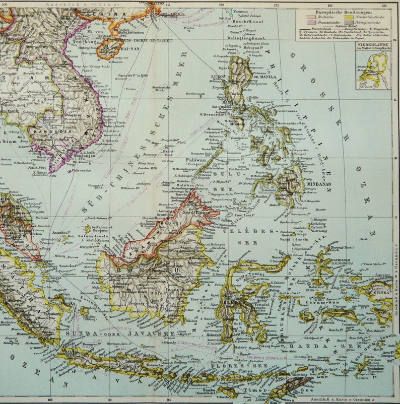 1897 Antique Map of INDONESIA, SOUTHERN ASIA. Vietnam. Philippines ...