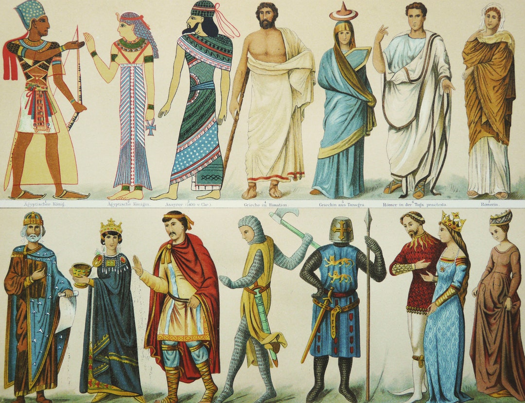 1897 Antique Lithograph of ANCIENT FASHION From Ancient Egypt, Rome ...