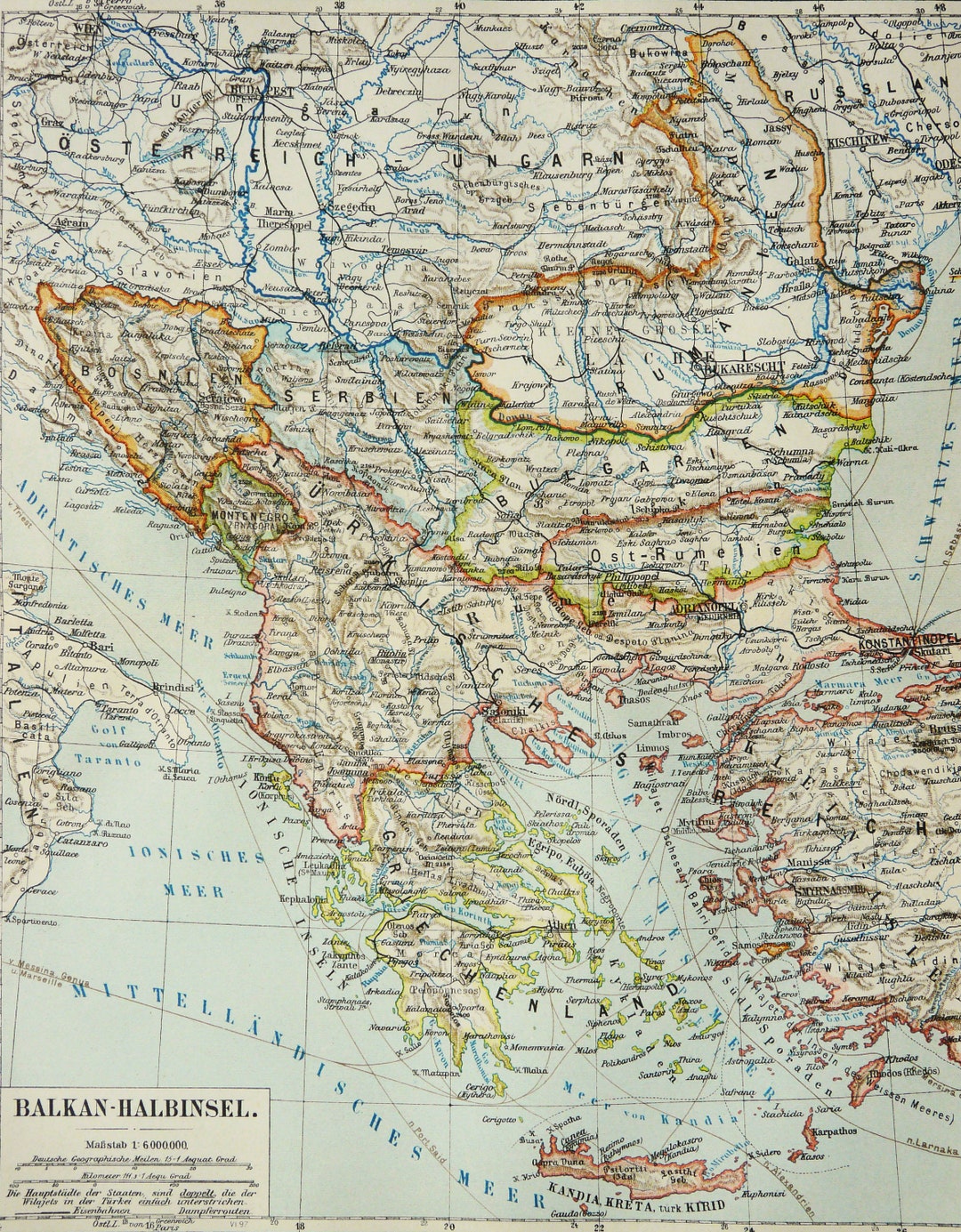 1897 Antique Map of BALKANS. BALKAN PENINSULA. Romania. Bulgaria ...