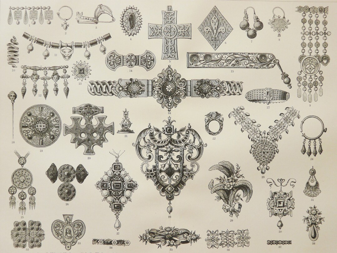 1897 Antique Print of JEWELRY. JEWELS. Gems. Precious Stones. Diamonds ...