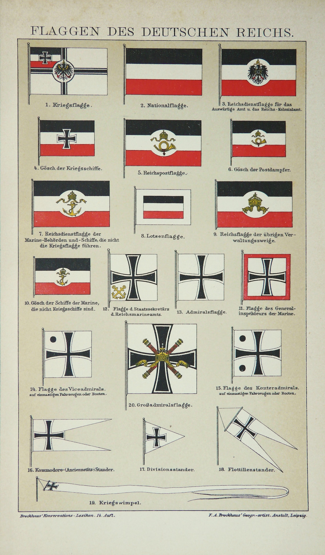 1895 Antique Lithograph of GERMAN HISTORIC FLAGS. Flags of German ...