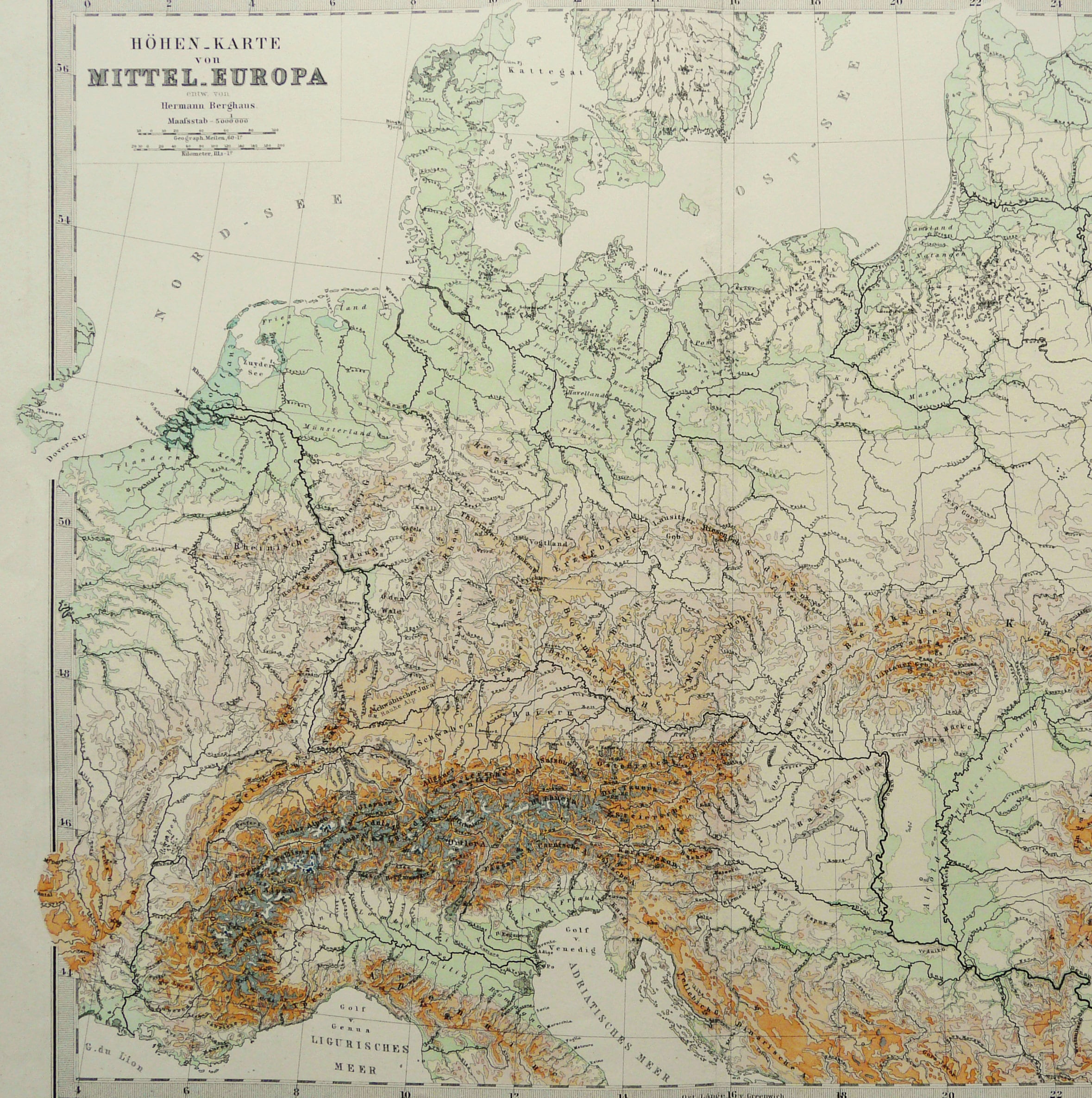 1880 Antique Physical Map of CENTRAL EUROPE. Rivers and Mountains ...