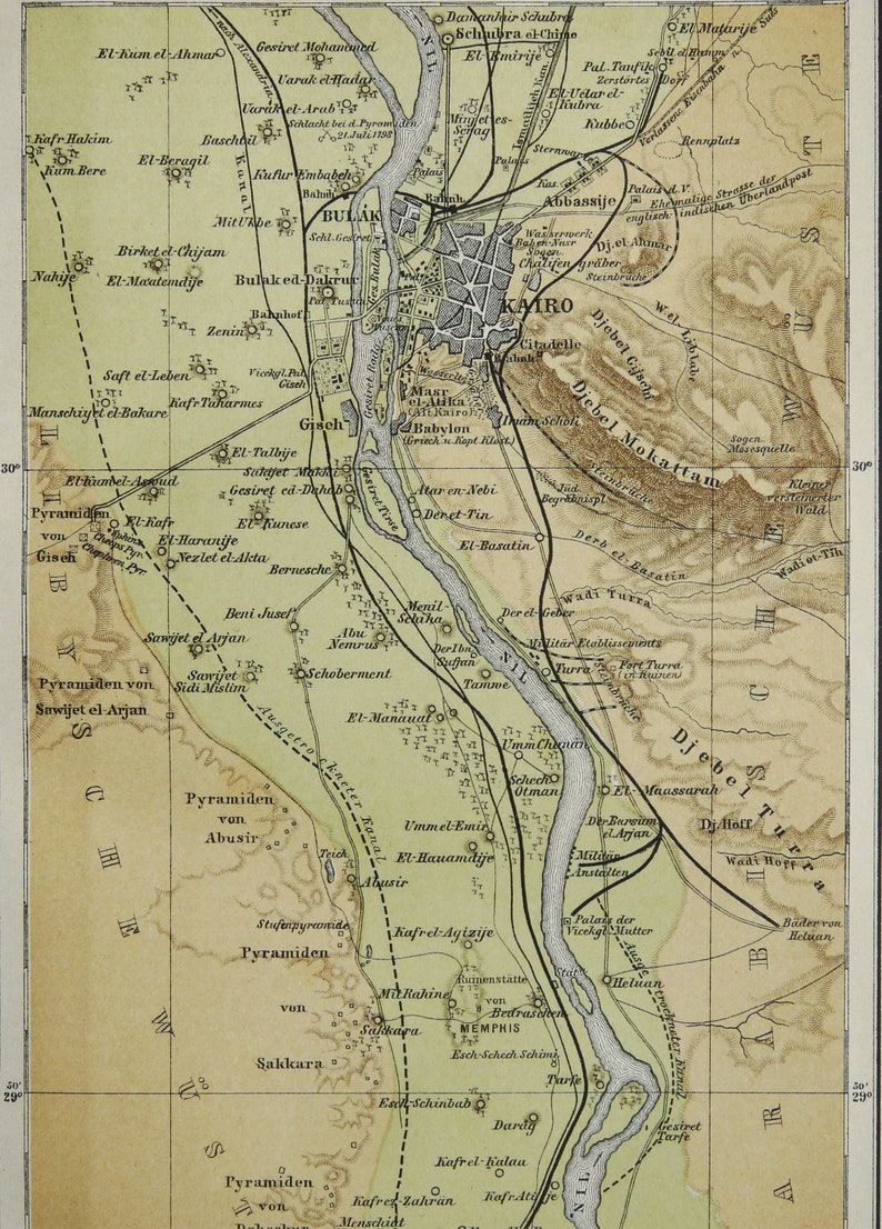 1895 Antique Map of CAIRO, EGYPT. PYRAMIDS. Great Pyramid of Giza ...