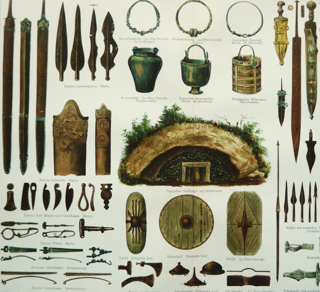 1897 Antique Lithograph of ARCHAEOLOGY: BRONZE AGE Weapons and Tools ...