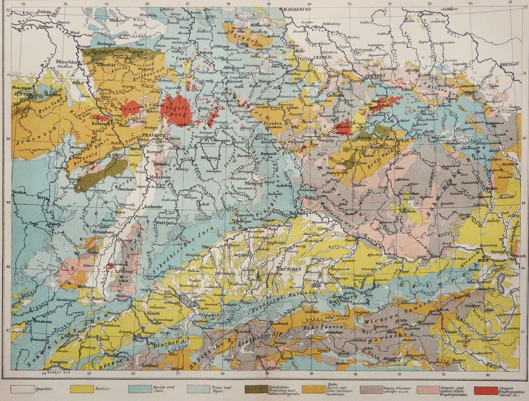 1895 Antique Geological Map of GERMANY. Geology. Rocks. 128 Years Old ...
