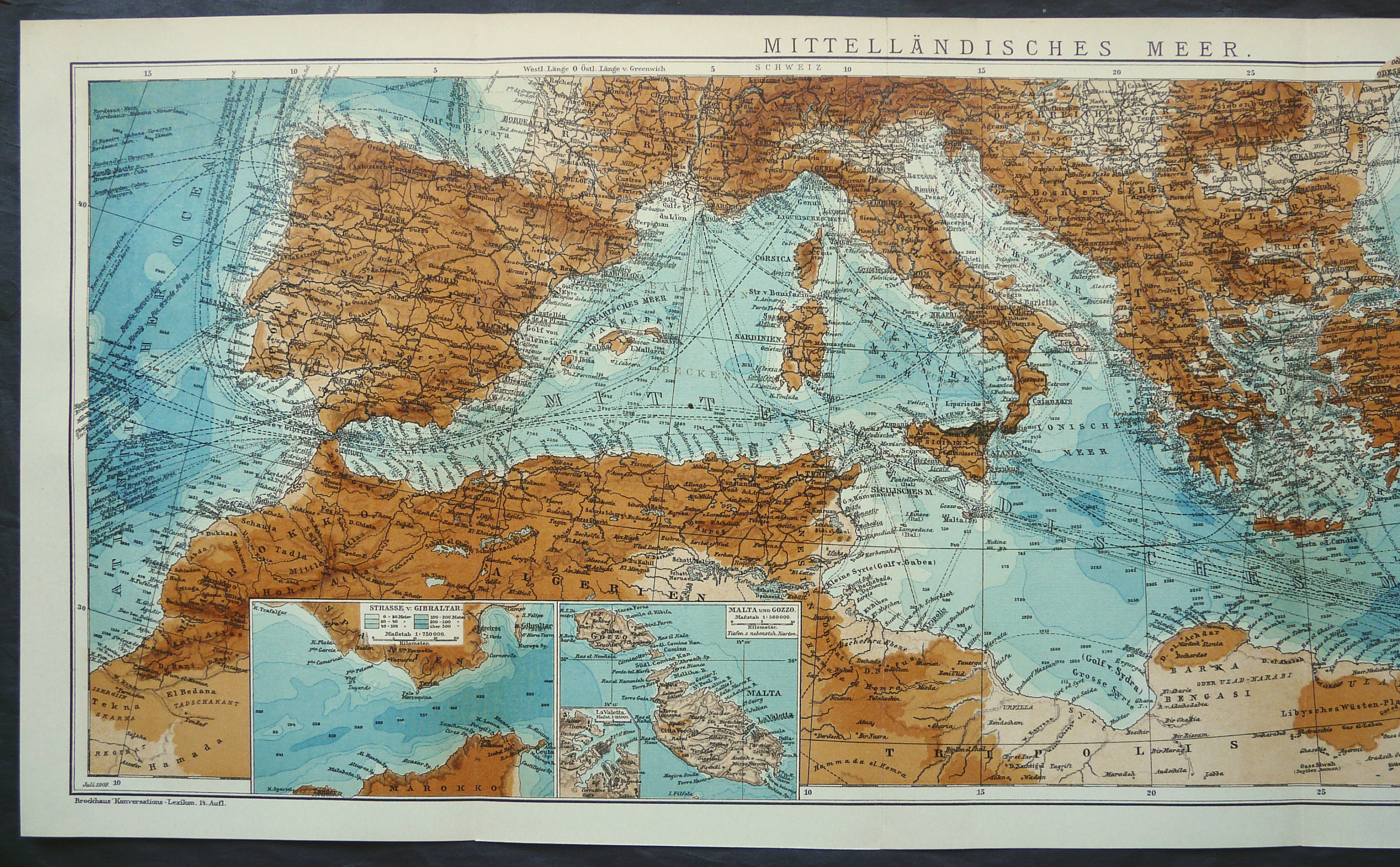1895 Antique Large Map of THE MEDITERRANEAN SEA With Shipping Routes ...