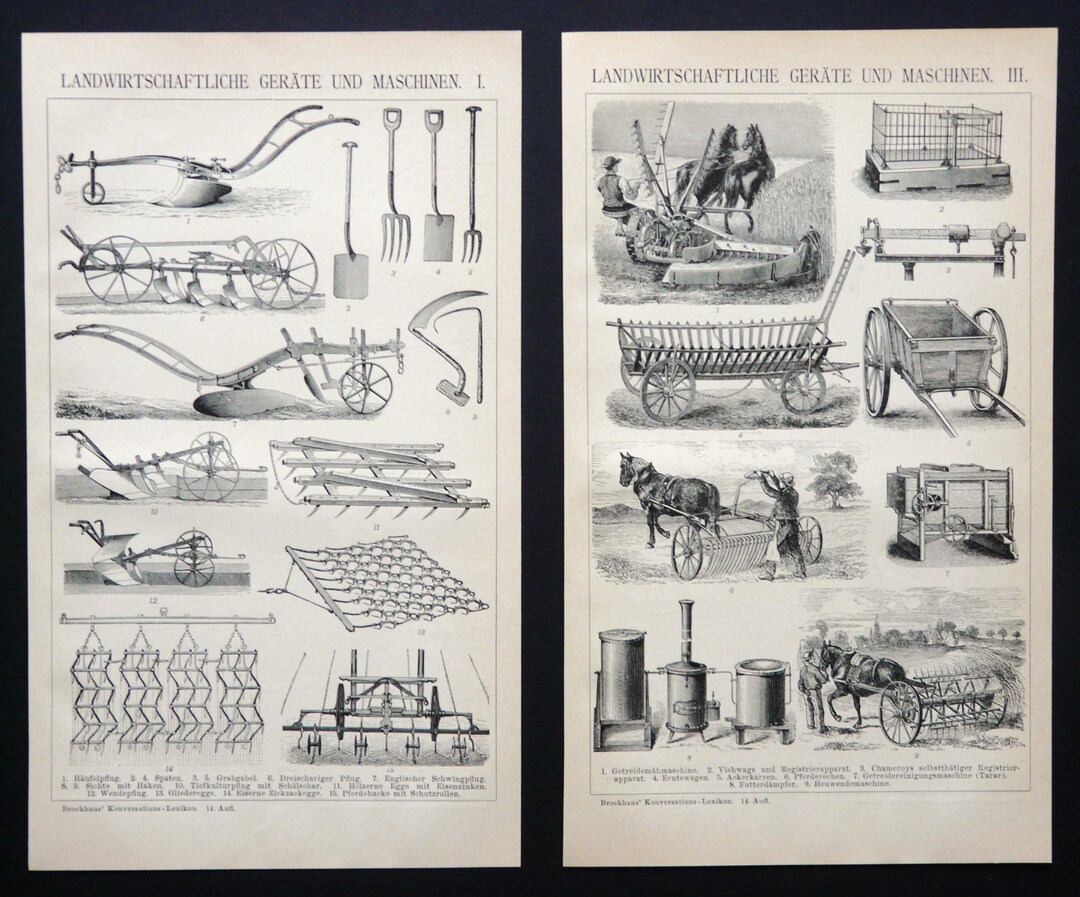 1895 Set of 2 Antique Prints of ANTIQUE AGRICULTURAL MACHINERY. Farming ...