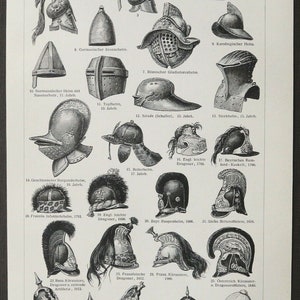 1897 Antique Print of HELMETS, Different Types. Ancient Helmets ...